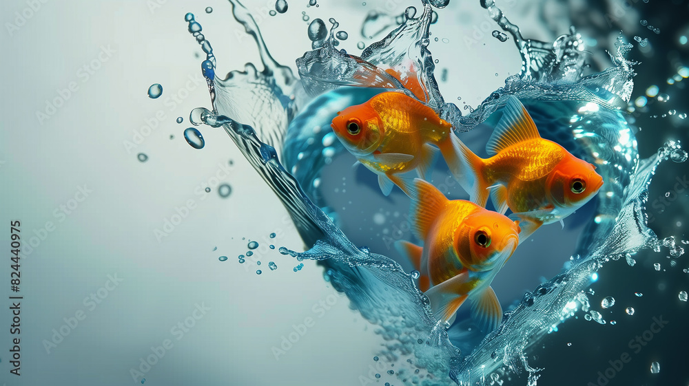 Golden fish creating a heart shape with splashing water. Concept for ...