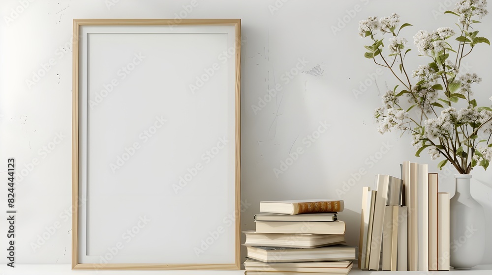 Mockup of a vertical wood frame for quotes and artwork. Vintage book ...