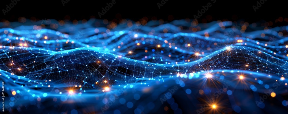 Abstract digital wave pattern with glowing dots and lines in blue ...