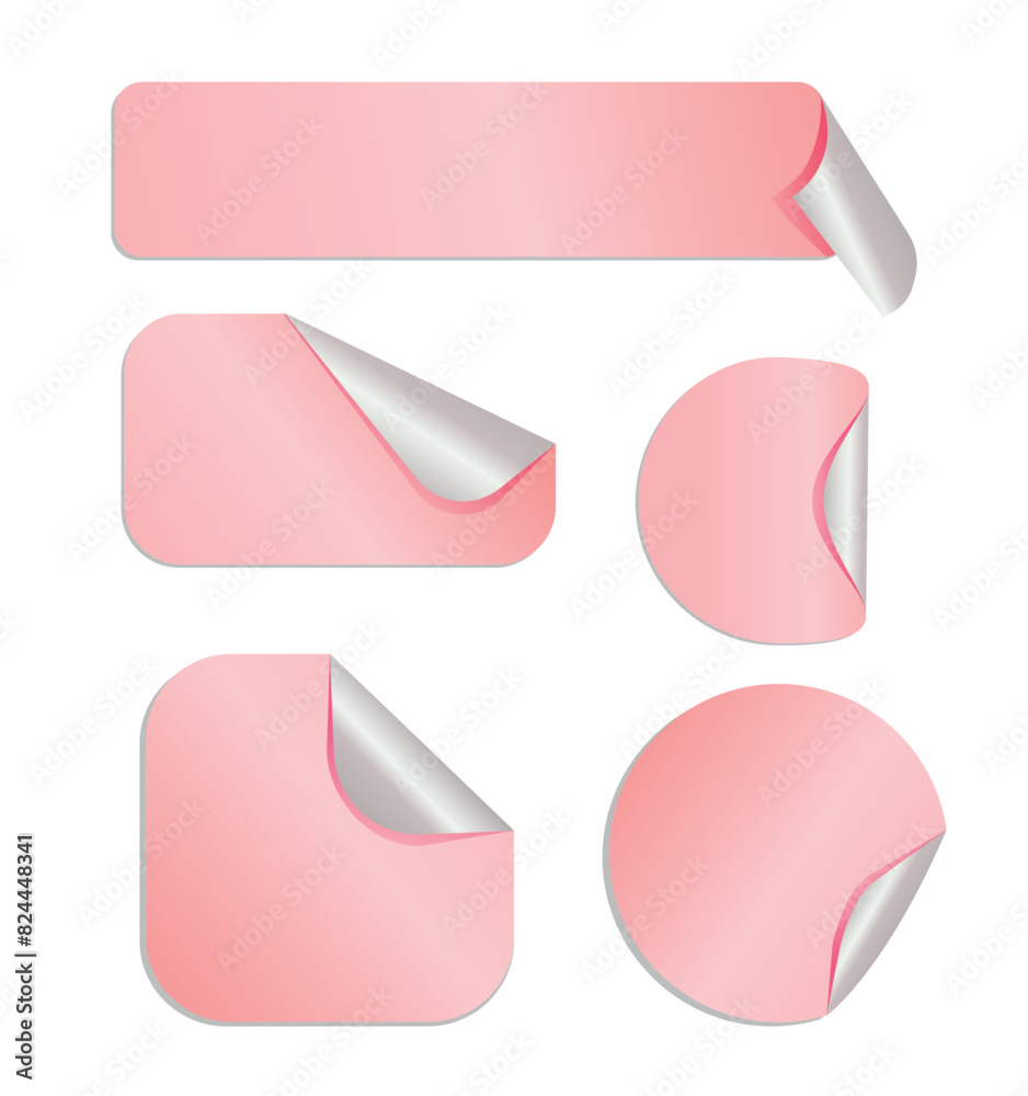 Curled pages and stickers. Round, square and rectangle flipped paper ...