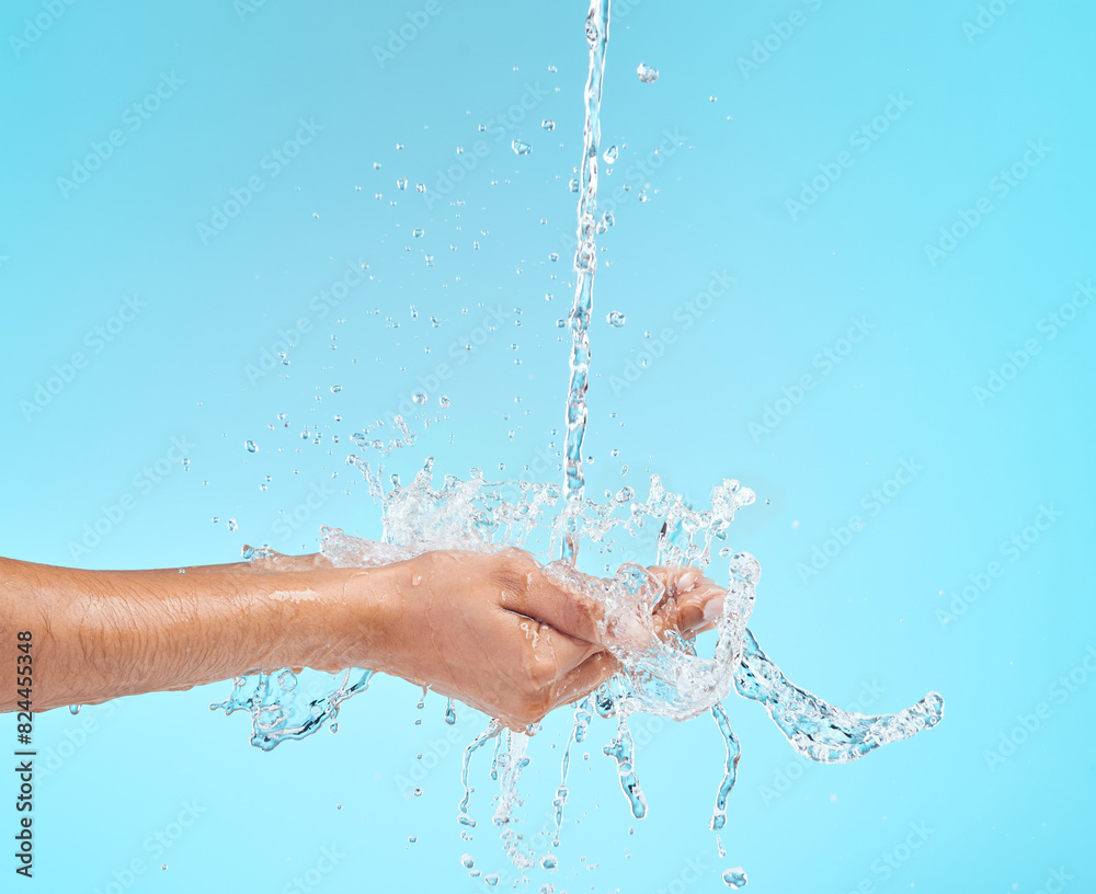 Wash hands, water splash and hygiene in studio with cleaning, health ...