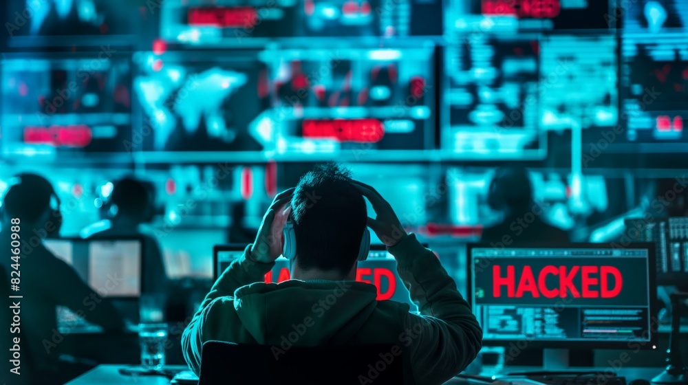 Cybersecurity warning hacked alert on control room computer monitor ...