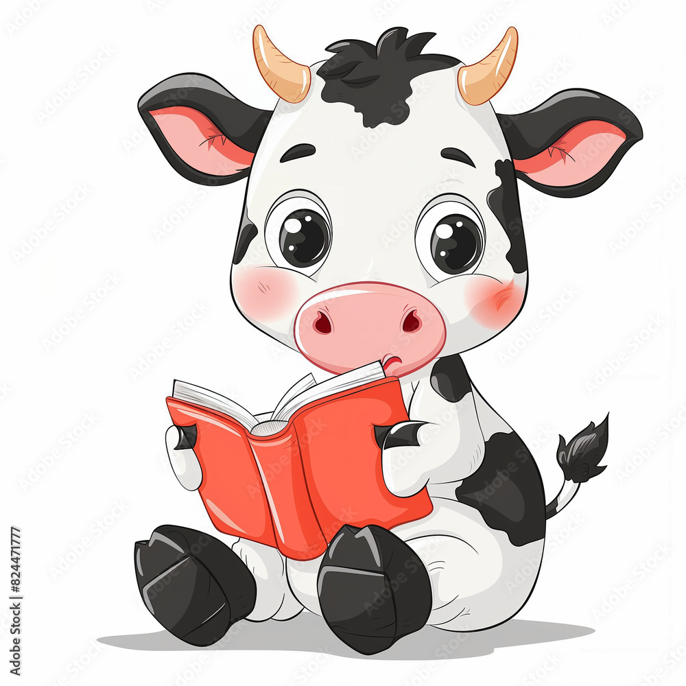 Illustration of a cute little cow reading an open book. Reading ...