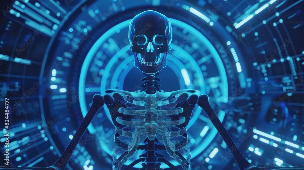 Human skeletal structure in digital rendering, UI, scanned bone system ...