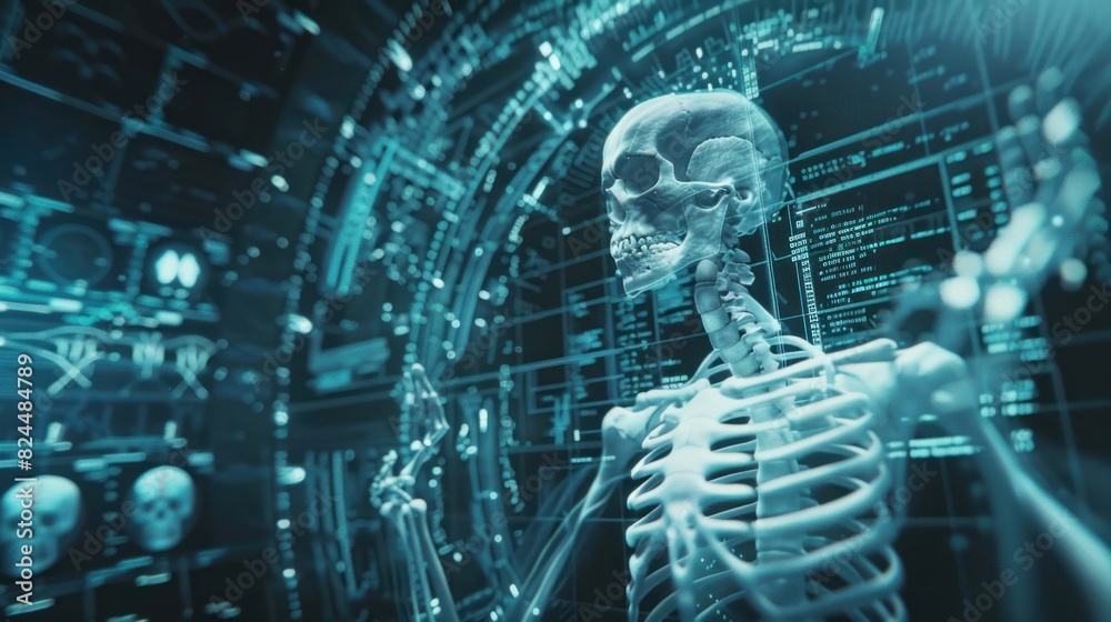 Human skeletal structure in digital rendering, UI, scanned bone system ...