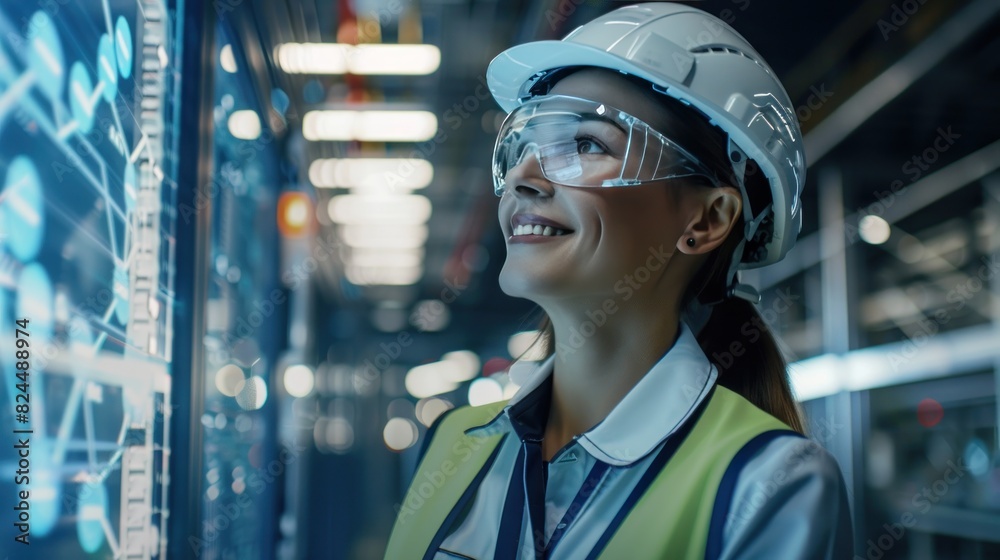 Smiling female engineer looking at facial scanning camera to operate ...