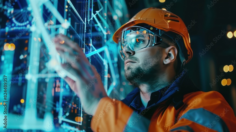 Wide angle of a male engineer wearing a helmet. Camera view for facial ...