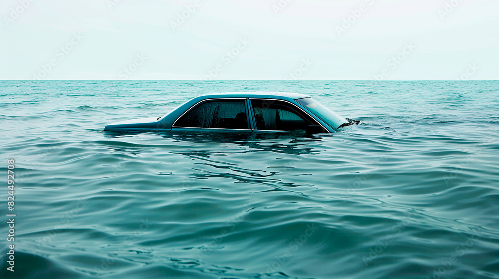Car partially submerged in the ocean, creating a surreal and dramatic ...