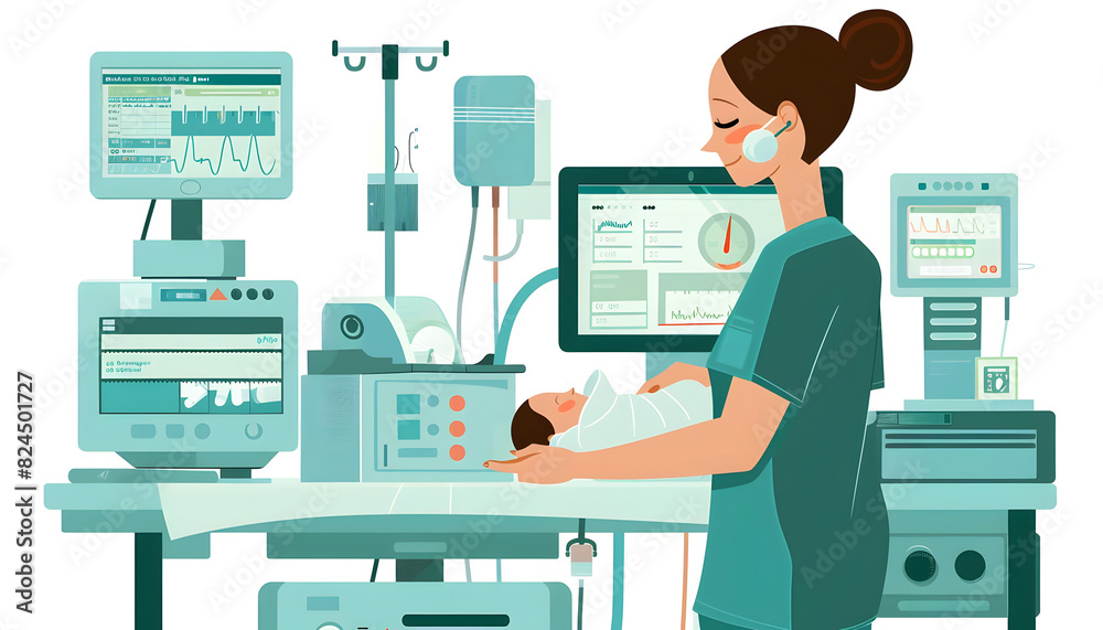 Clipart of a neonatologist monitoring vital signs of newborns in the ...