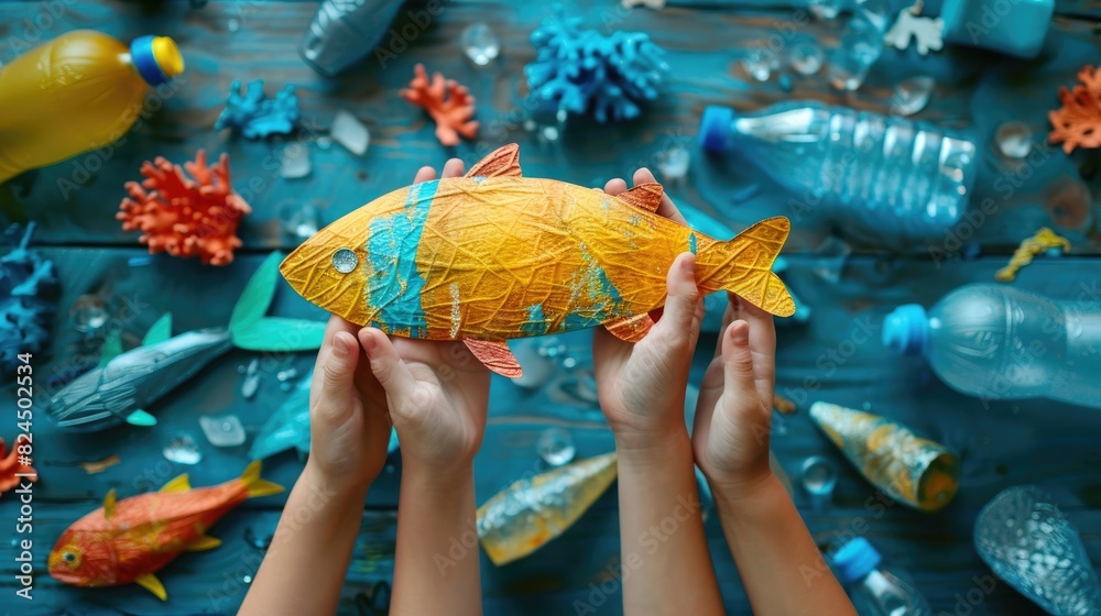 Hands holding a yellow paper cutout fish, with a background of plastic ...