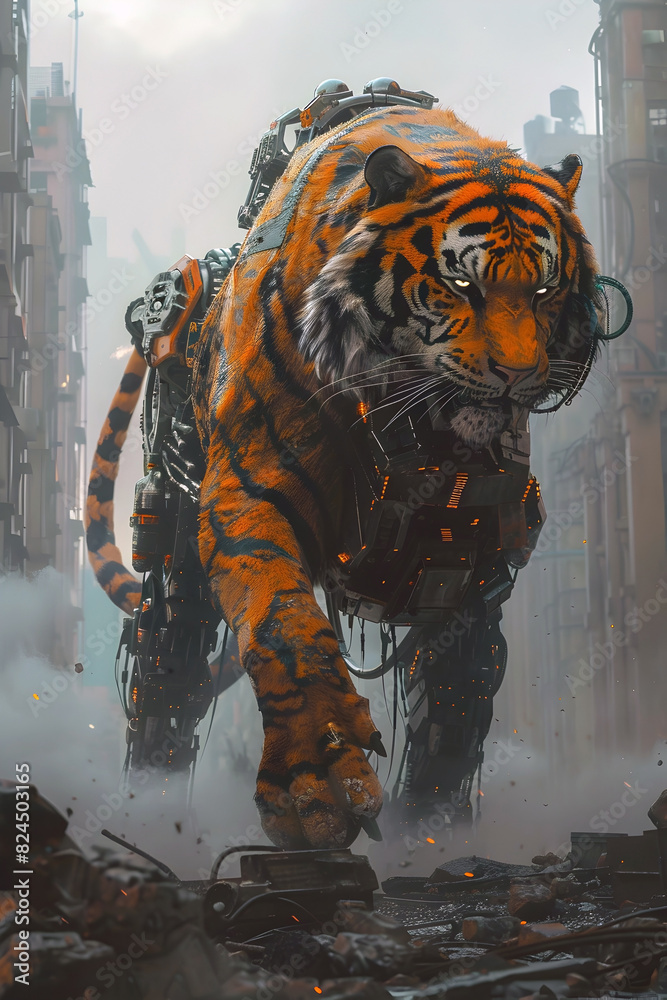 Colossal Cyborg Tiger Warrior Stalking Through Devastated Futuristic ...