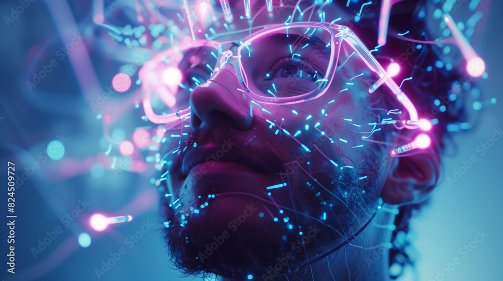 An android man with a face created from computer code. A man with ...