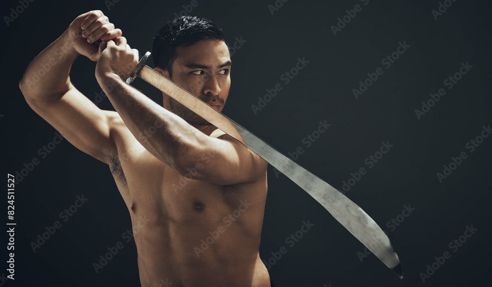 Martial arts, man and sword for training, fight and self defense on ...