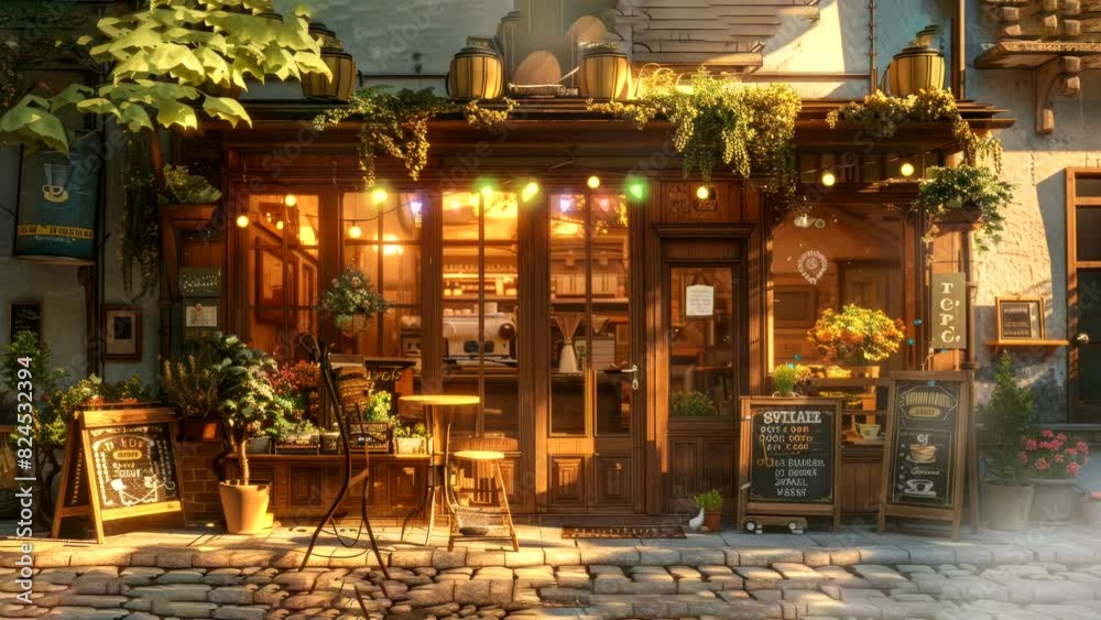 A charming café with glowing lights and rustic decor, featuring outdoor ...