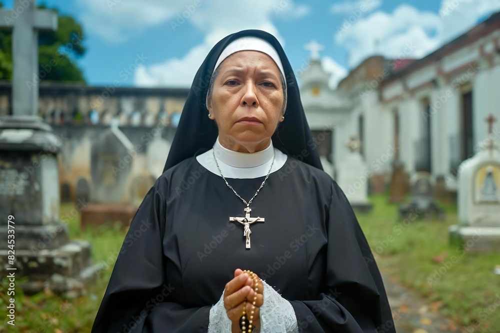 Full body photo of mature female Hispanic nun praying with rosary in ...