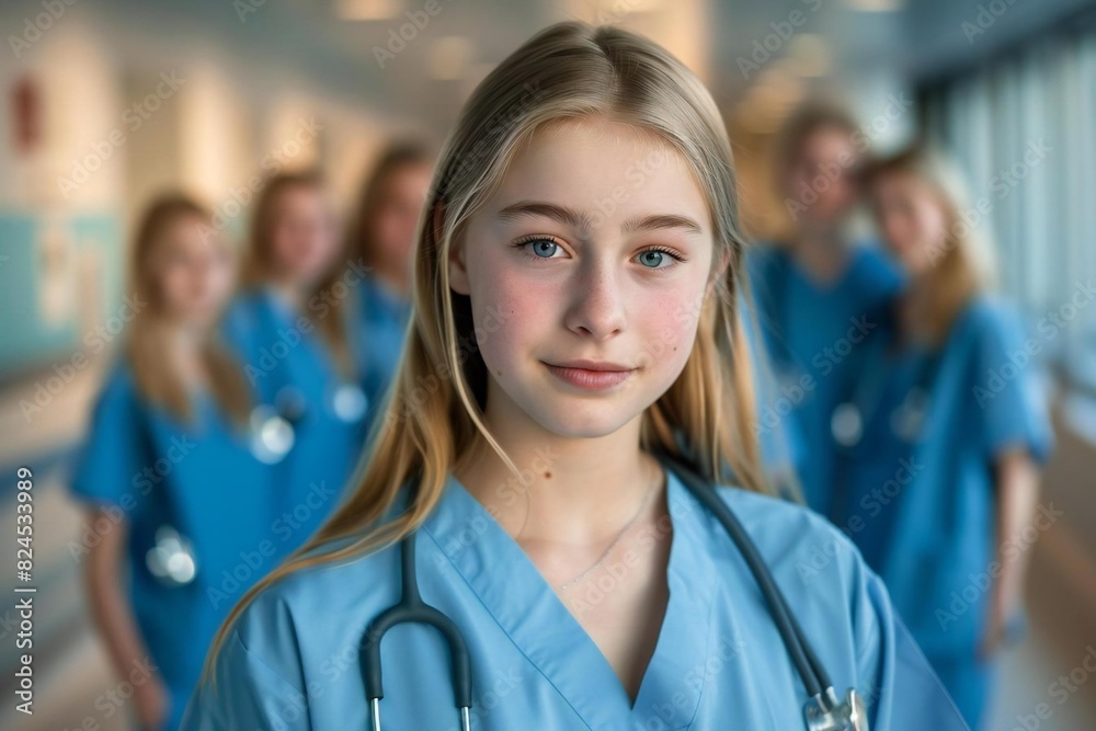 Full body photo of young female white nursing student posing with team ...