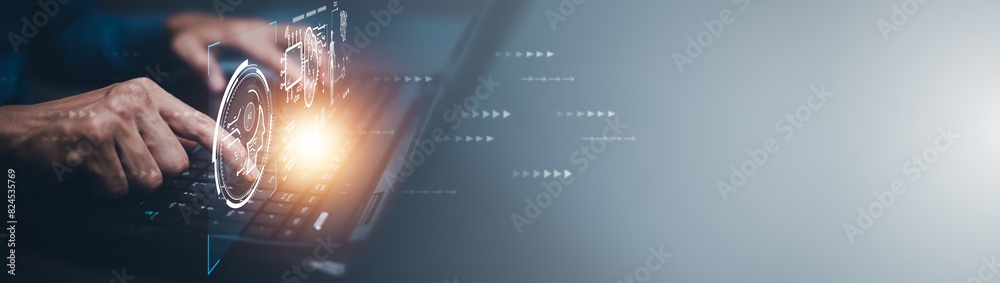 Programmer people working laptops or smartphones with AI, artificial ...