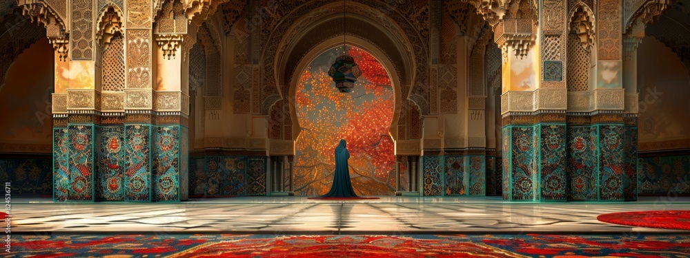 Arabic bold and vibrant patterns of traditional textiles on wall, let ...