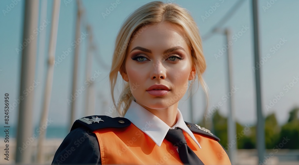 Beautiful attractive blonde woman model wearing security guard or ...