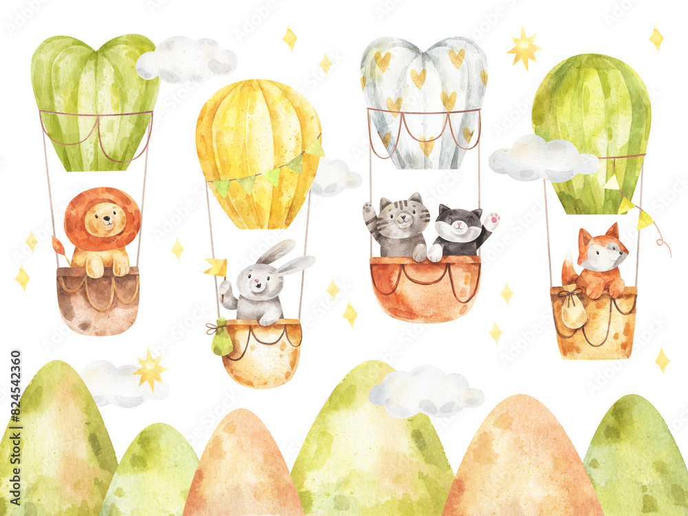 Cute animals fly in the sky in hot air balloon above mountains. Funny ...