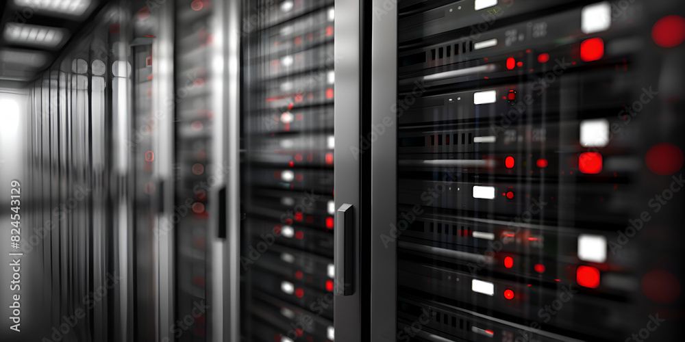 Server racks in computer network security server room background ...