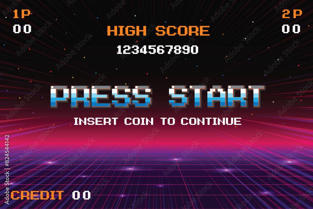 PRESS START INSERT A COIN TO CONTINUE .pixel art .8 bit game. retro ...