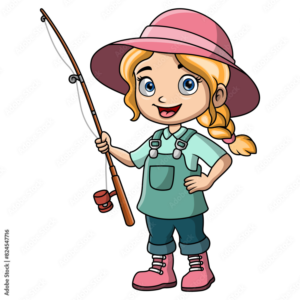 Cute cartoon little girl is fishing Stock Vector | Adobe Stock