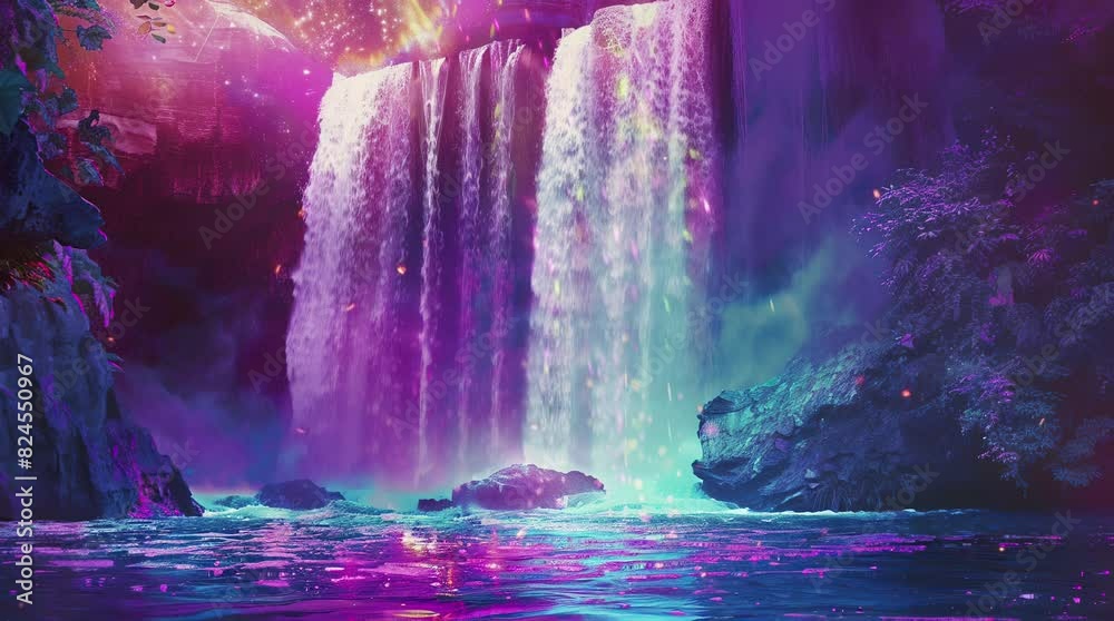 Spectacular colorful waterfall surrounded by lush greenery, a ...