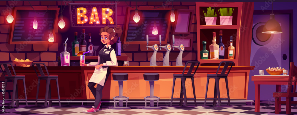 Pub interior with woman waiter standing near bar counter. Cartoon ...