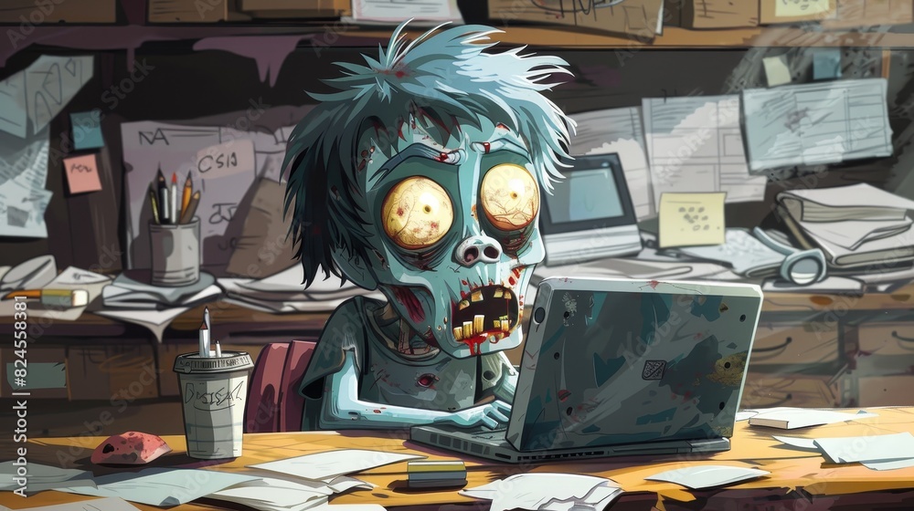 Cartoon zombie working on a laptop in a cluttered office depicting the ...