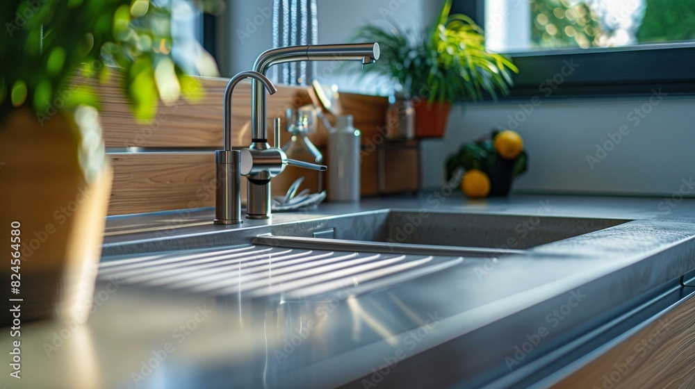 Vintage kitchen with a deep farmhouse sink, close-up of the apron front ...