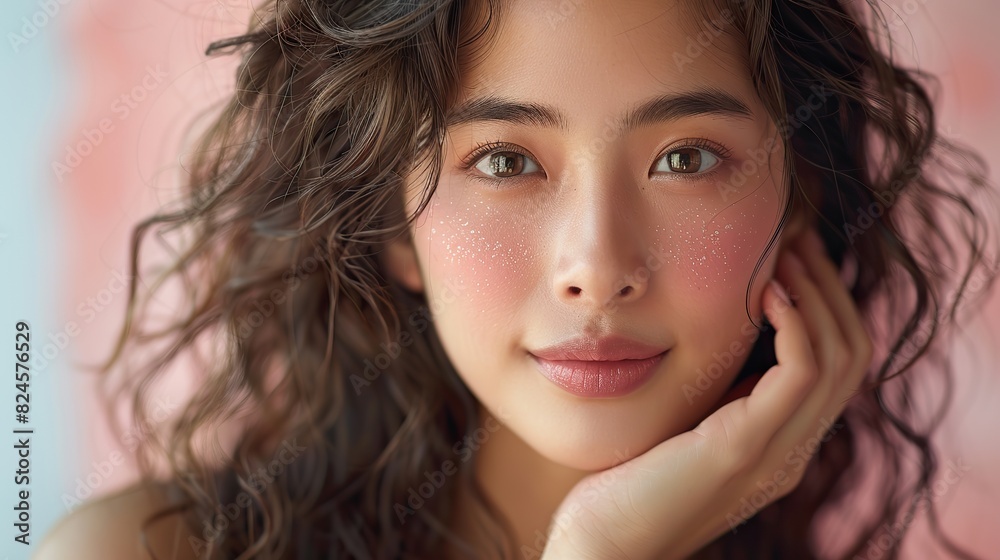Young Asian Beautiful Woman With Curly Long Hair And Korean Cosmetics
