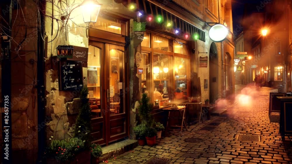 A charming evening scene of a café on a cobblestone street, illuminated ...