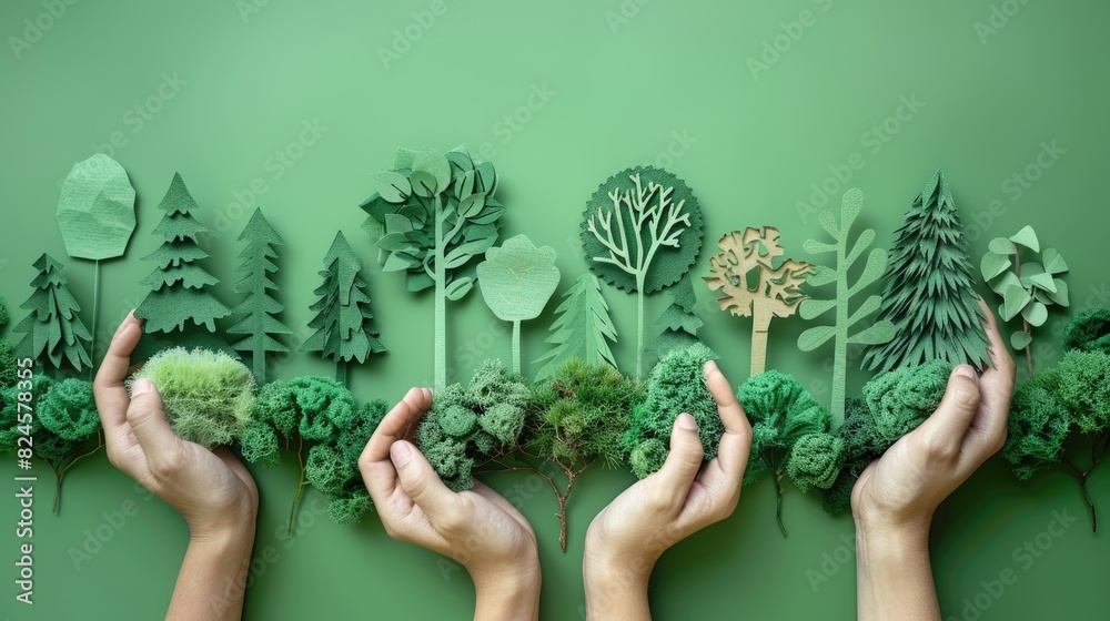 Hands holding paper cutouts of deforested and green forests ...