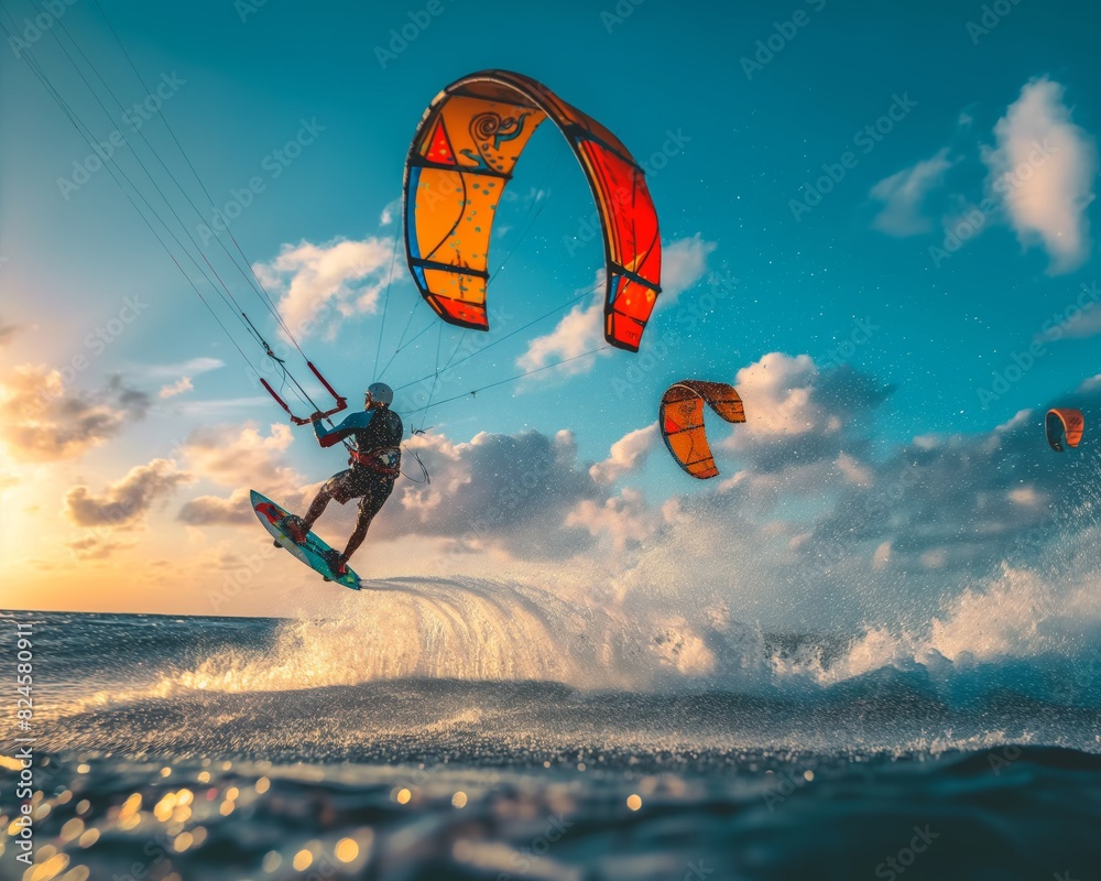 A thrilling kiteboarding scene at sunset with an athlete catching air ...