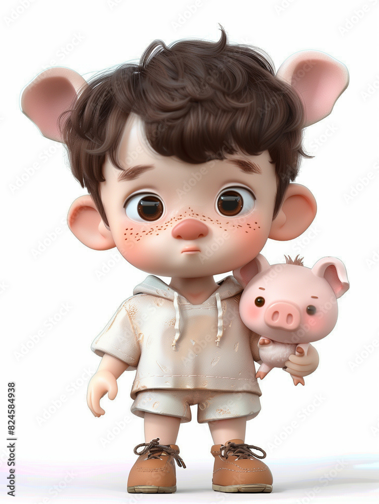 cartoon character of a boy with pig ears holding a pig Stock ...