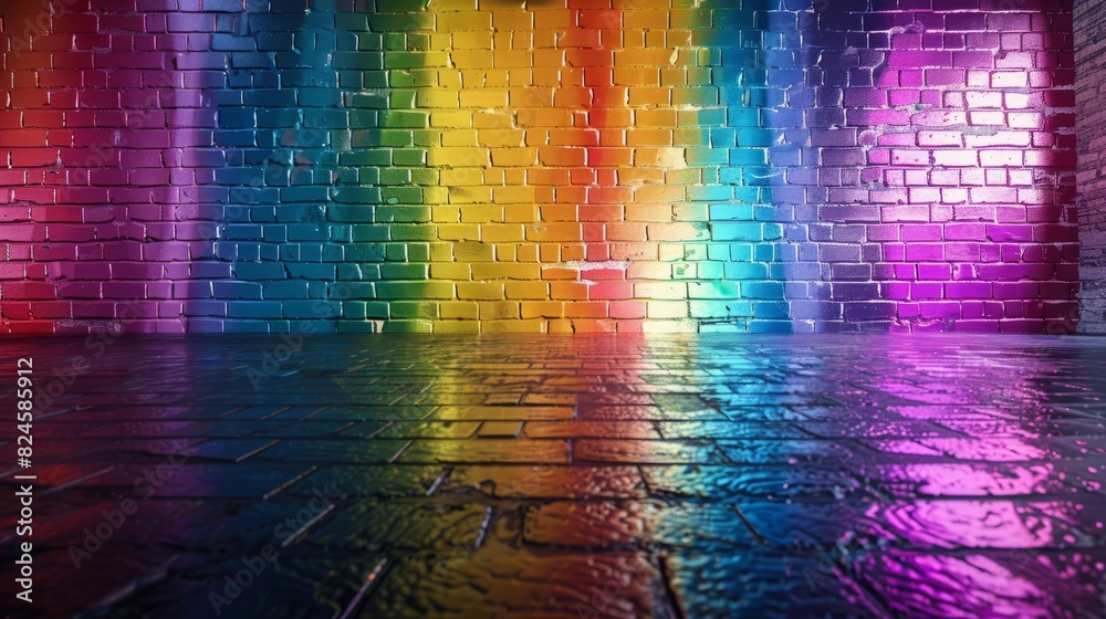 Industrial brick walls painted with glittering rainbow patterns ...