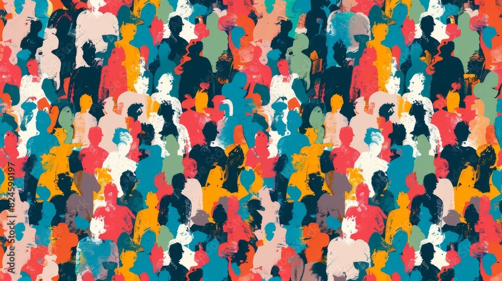 Colorful people crowd silhouette abstract art seamless pattern. Multi ...