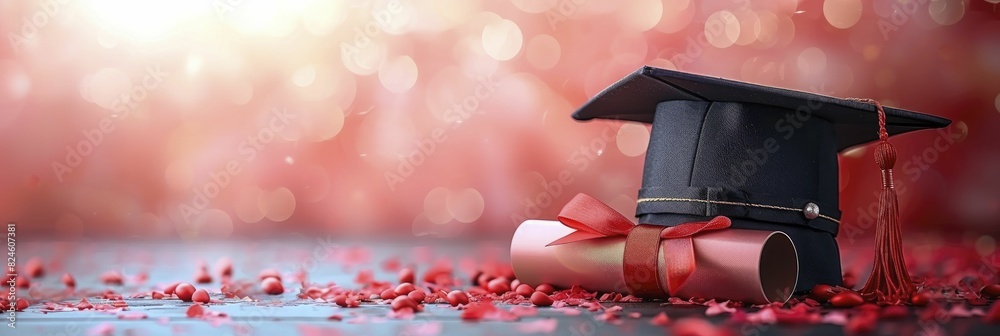 Elegant cap and diploma against pastel background with empty space for ...