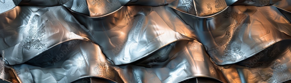 The image is of a close-up of a metallic surface with a series of ...