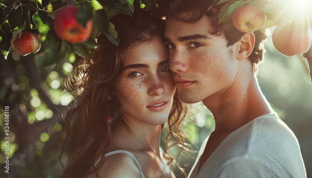 A creative portrait of a young couple, styled as modern-day Adam and ...