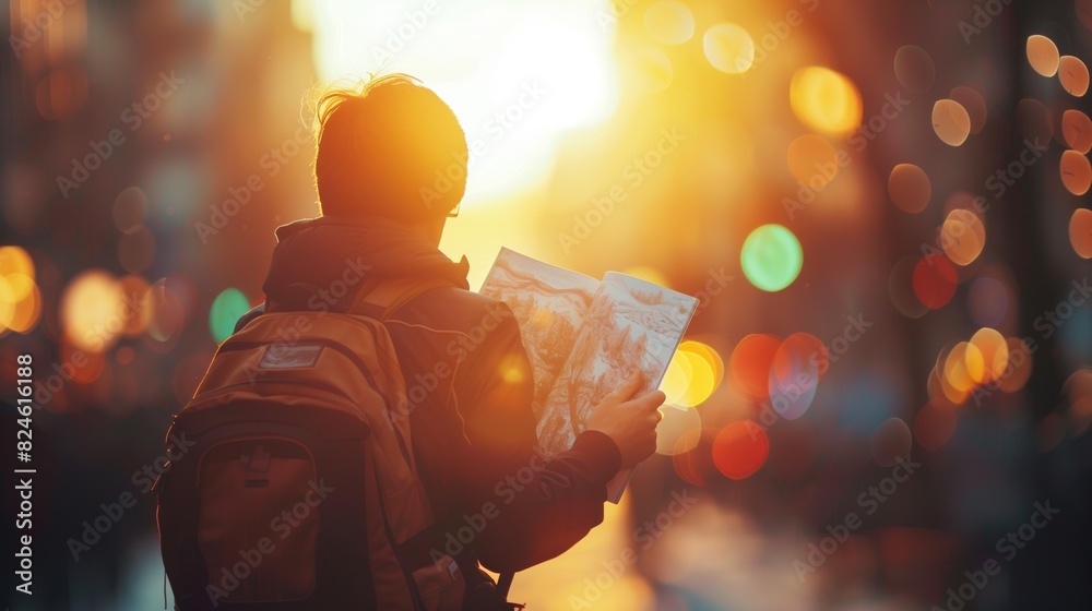 Showing an adventurous person exploring a bustling city with a ...