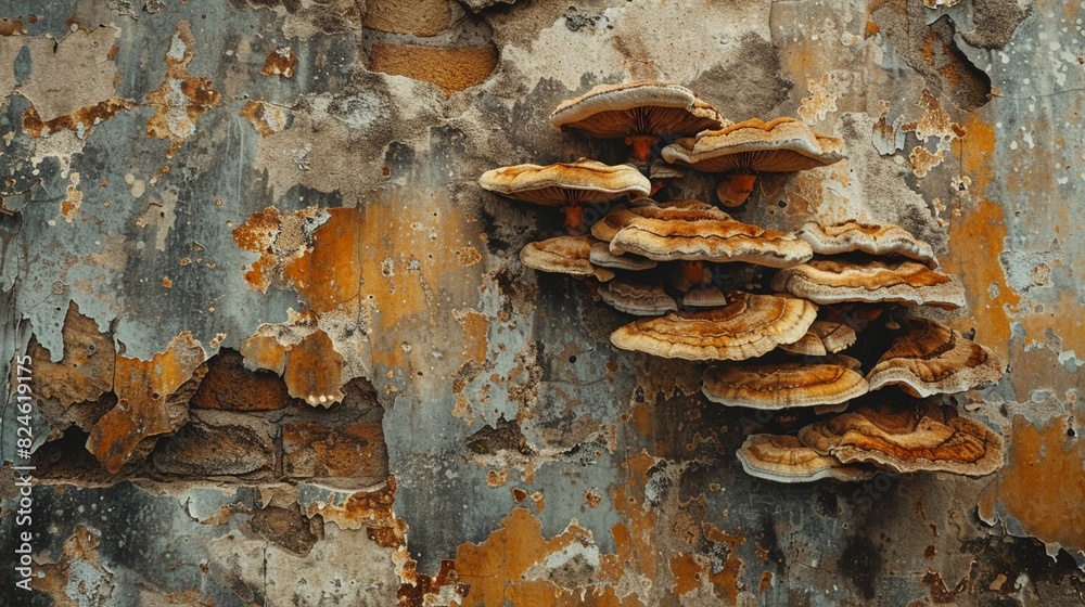 Rusty wall with mushrooms growing, detailed textures of corrosion and ...