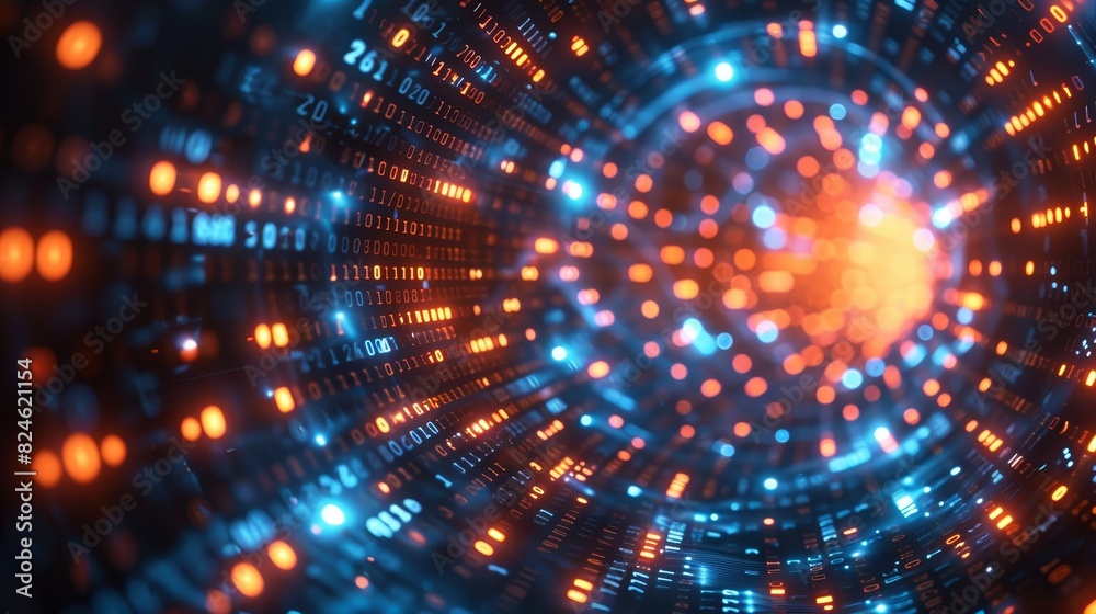 This image portrays a digital data stream tunnel surrounded by blue and ...