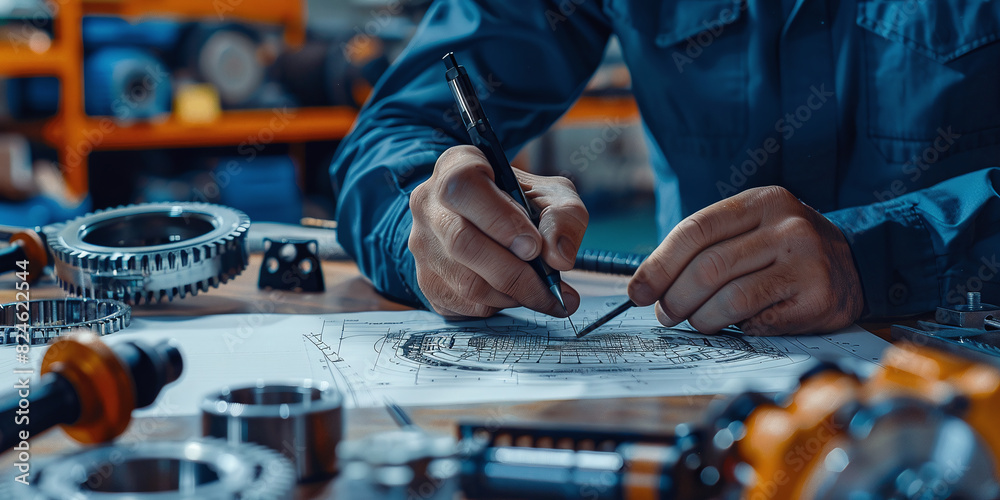 Engineer technician creating mechanical part drawings for manufacturing ...