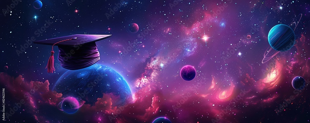 Imaginative space-themed artwork featuring a graduation cap, planets ...