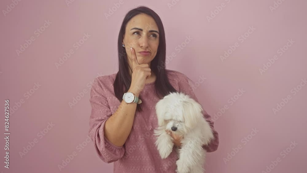 Young hispanic woman and her pet dog standing confidently over isolated ...