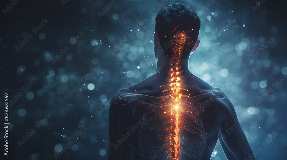 Spinal health visualization. Man experiencing back pain with glowing ...