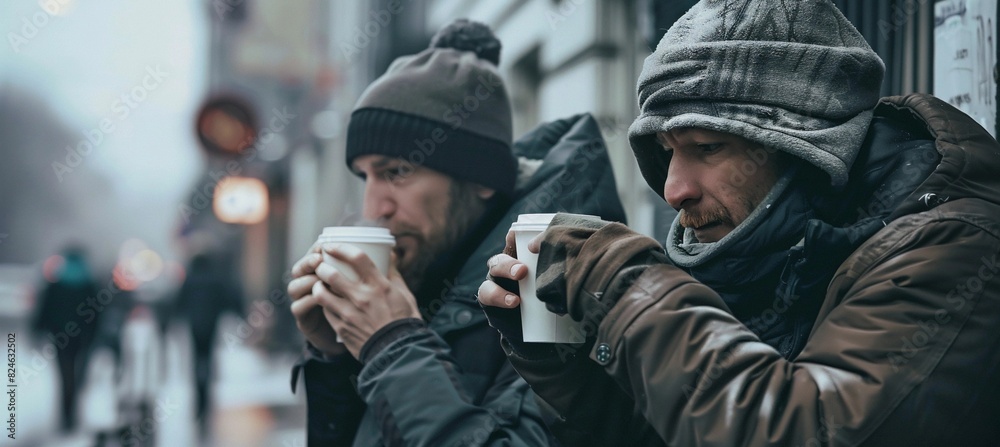 two homeless men drinking boiling water from paper cups on the street, cold cloudy day Stock ...