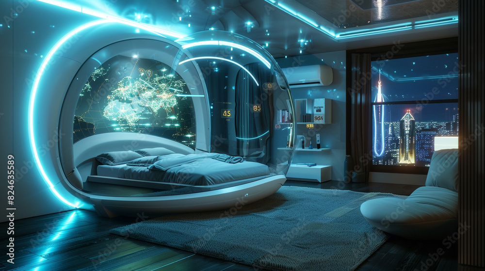 A futuristic bedroom with a holographic display projected on the wall ...